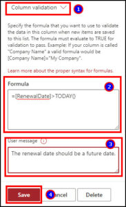 Column Validation in SharePoint [Add List/Library Formula]